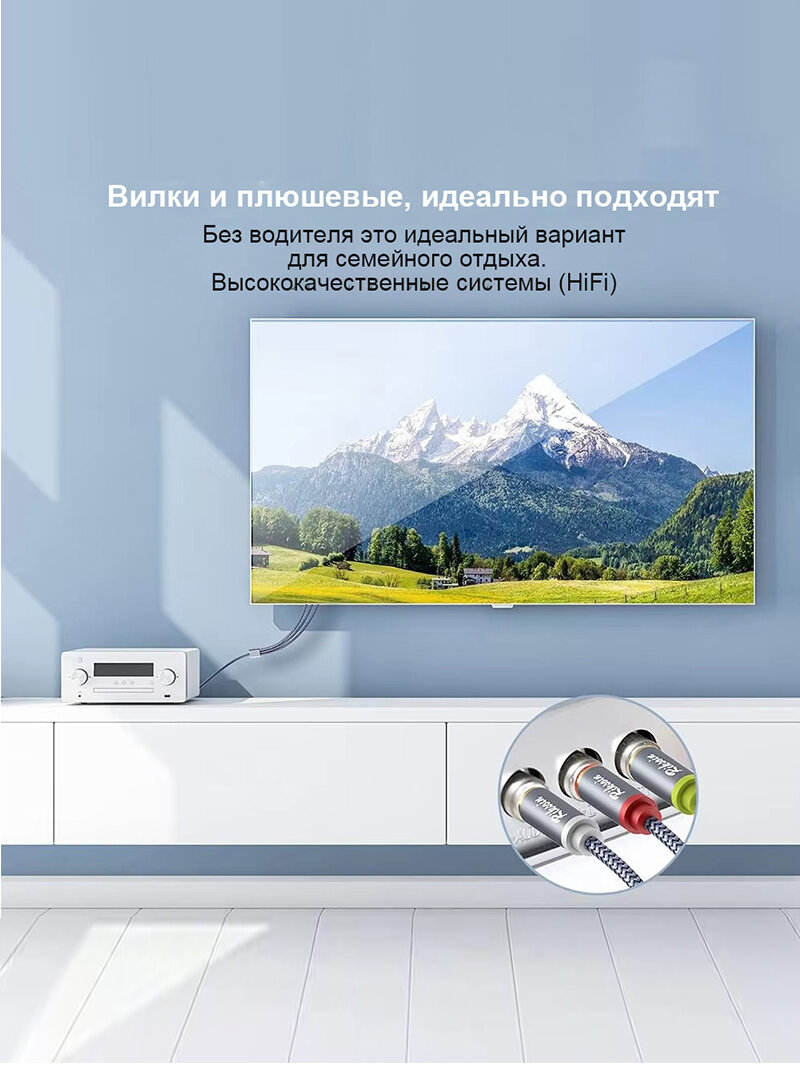 Аудиокабель 3xRCA- 3xRCA, плетеная оплетка, 3 метра, премиум аудио, для подключения акустики и усилителей — фото 1