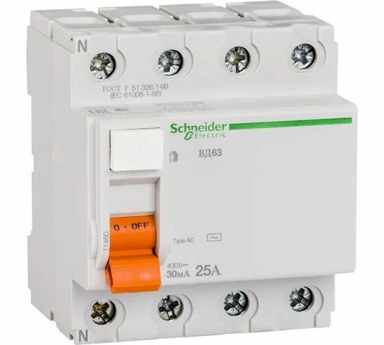 УЗО Schneider Electric Домовой 11460, 4 полюса, 25А, 30мА, тип AC