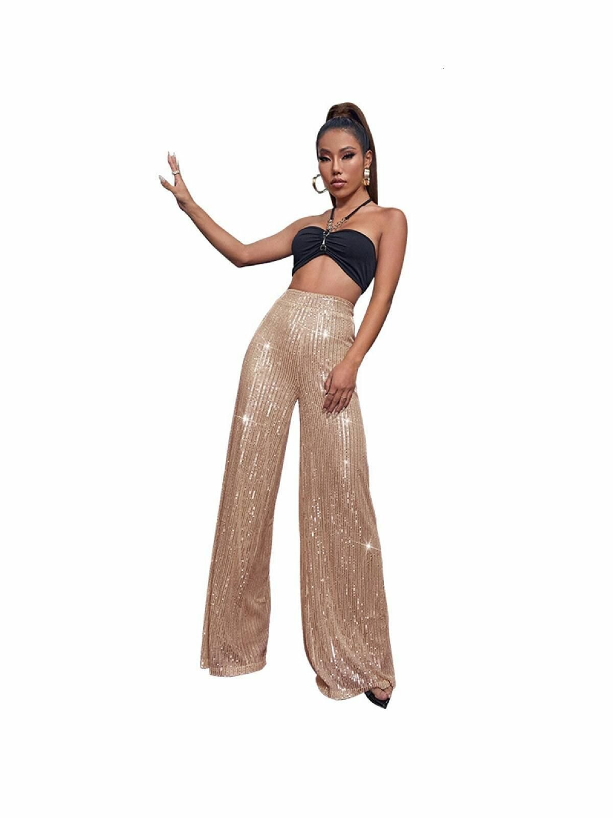 Блестящие женские брюки-клеш, шампанское - XL