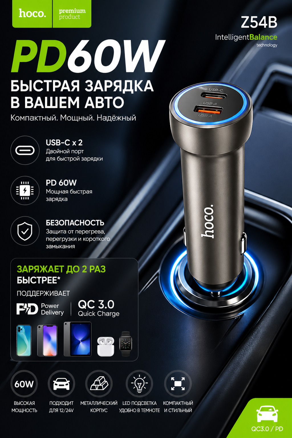 Автомобильный блок питания, HOCO Z54B, Prosperous, 2 разъёма Type-C, PD 60Вт, цвет: серый