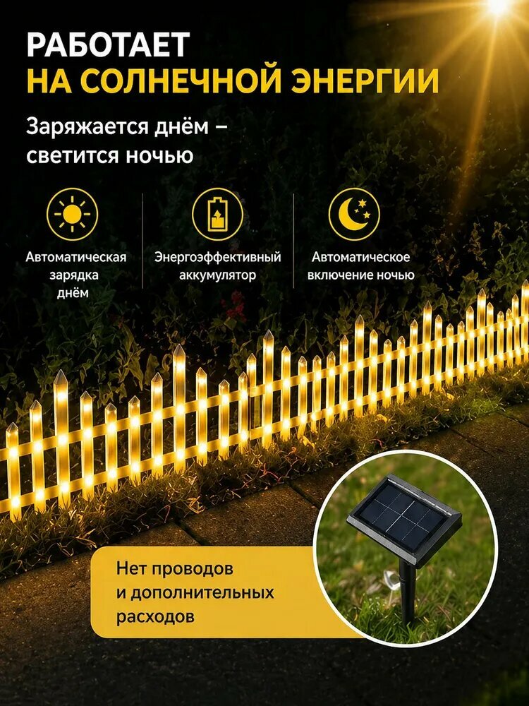 Бордюр садовый светящийся белого цвета длина 2,8 м, ширина 79 мм, высота 28 мм, солнечное питание для дачи — фото 1