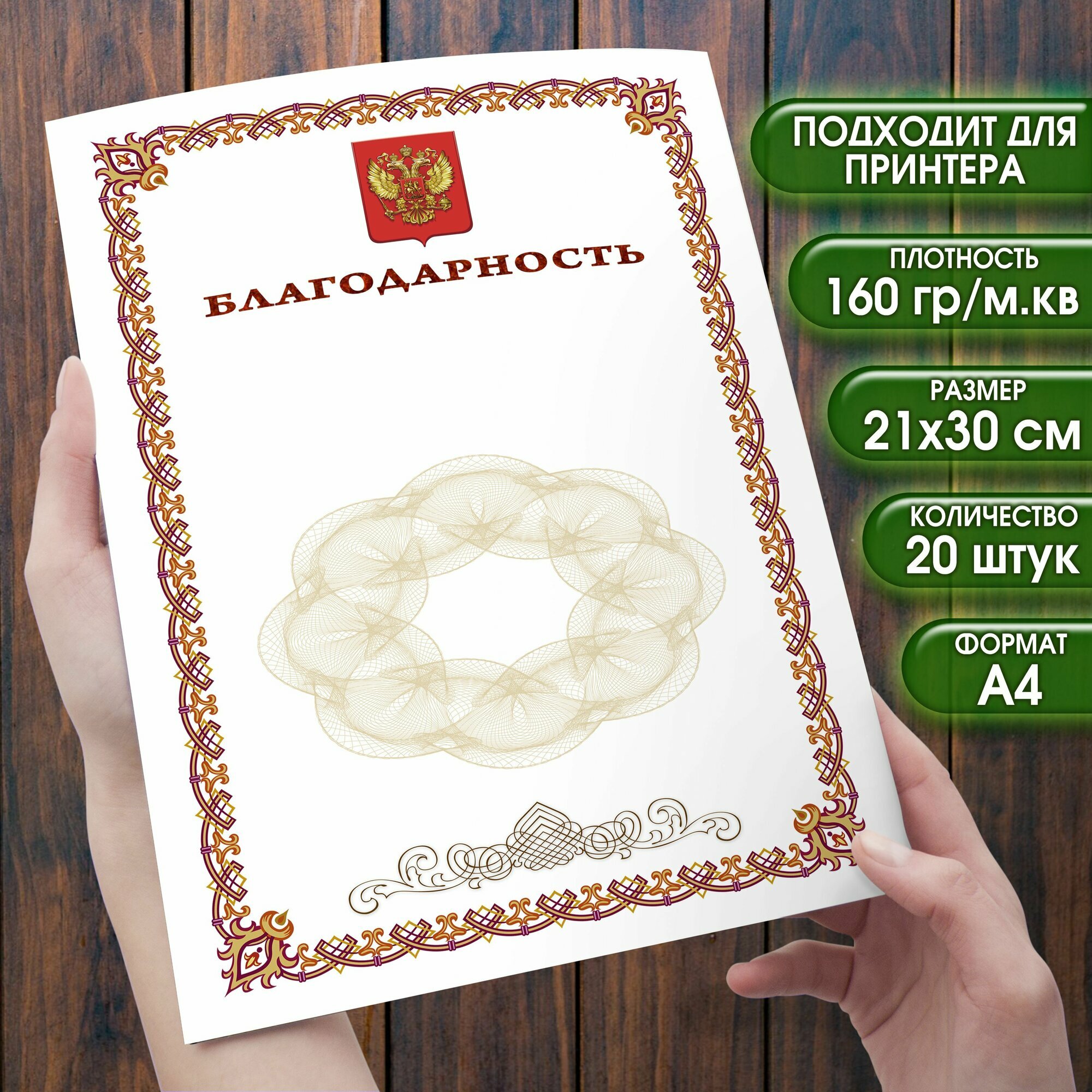 Бланк Благодарность. Набор 20 штук. Размер 21х30 см. (формат А4) Бланки для принтера или рукописного заполнения. Шаблон диплома для печати.