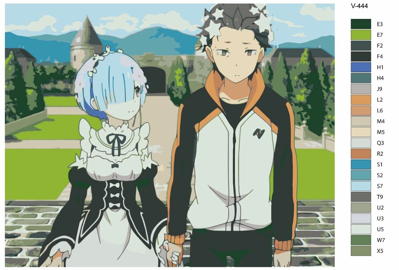 Картина по номерам V-444 "Аниме RE: ZERO (РЕ зеро). Субару Нацуки и Рем. Natsuki Subaru и Rem", 80x100 см