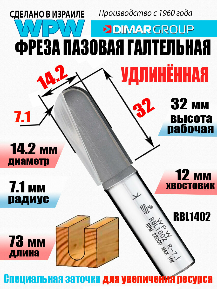 Фреза WPW RBL1402 галтель удлиненная R7,1 D14,2 B32 хвостовик 12