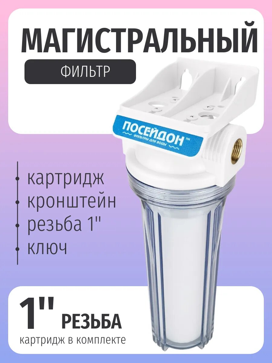 Фильтр магистральный Посейдон, с прозрачной колбой, резьба 1", для чистой воды с картриджем 5 мкм