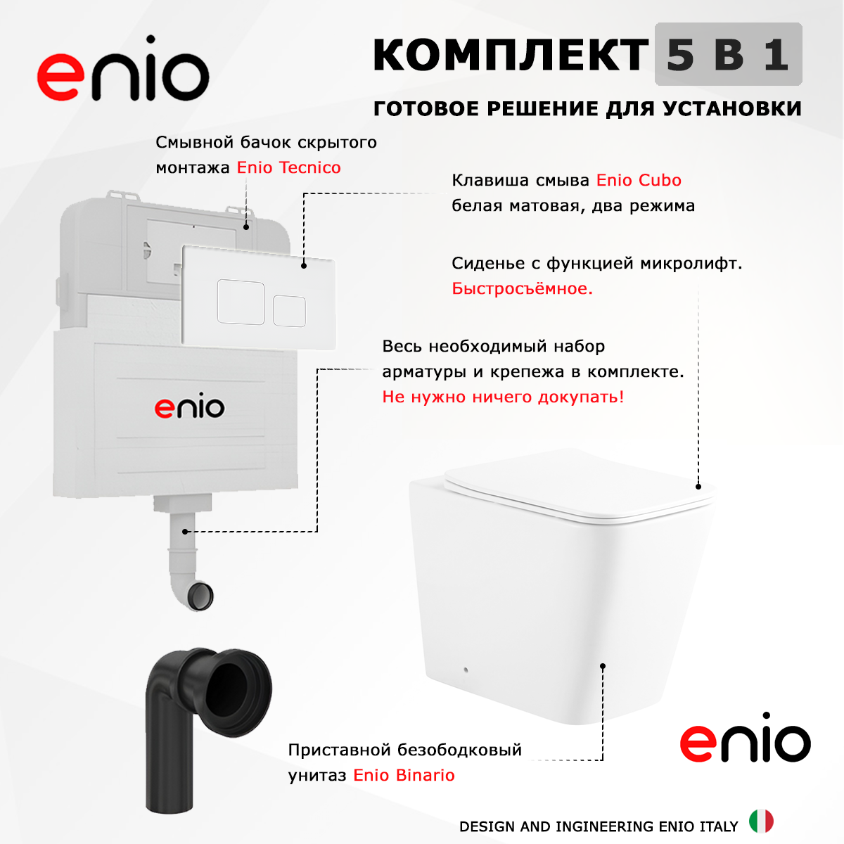 Комплект 3 в 1 смывной бачок скрытого монтажа Enio Tecnico + Унитаз приставной Enio Binario с кнопкой белой Cubo EN8050817 + EN5215047 + EN8050811