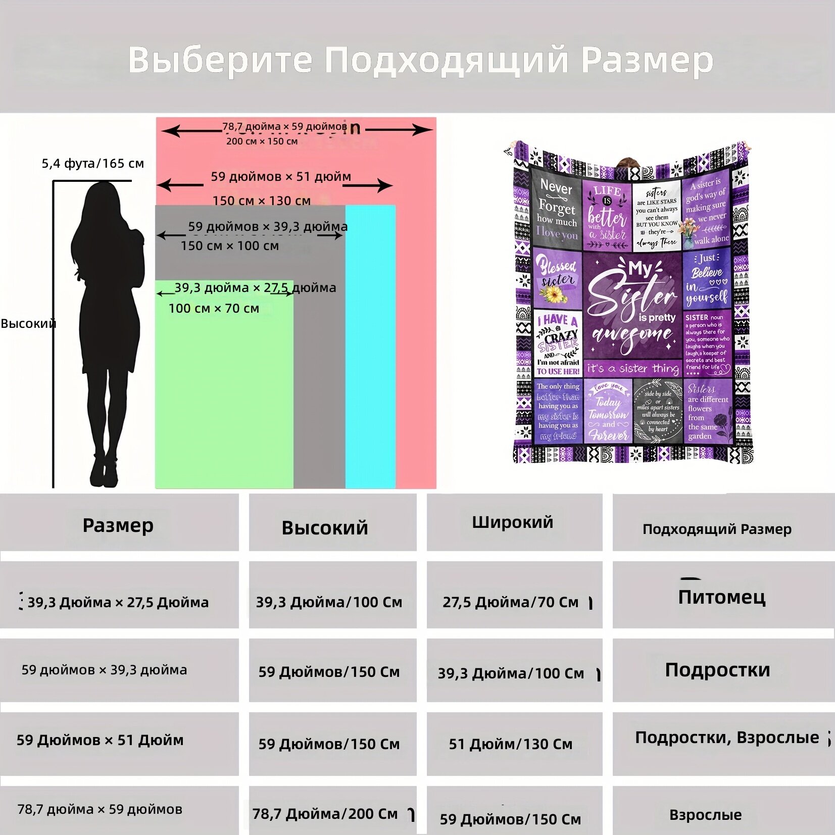 Плед для сестры, подарок сестре на день рождения, День матери, Рождество, День благодарения и Новый год, мягкий универсальный плед-покрывало для дивана, фиолетовый, 150x100 см, 1 шт.