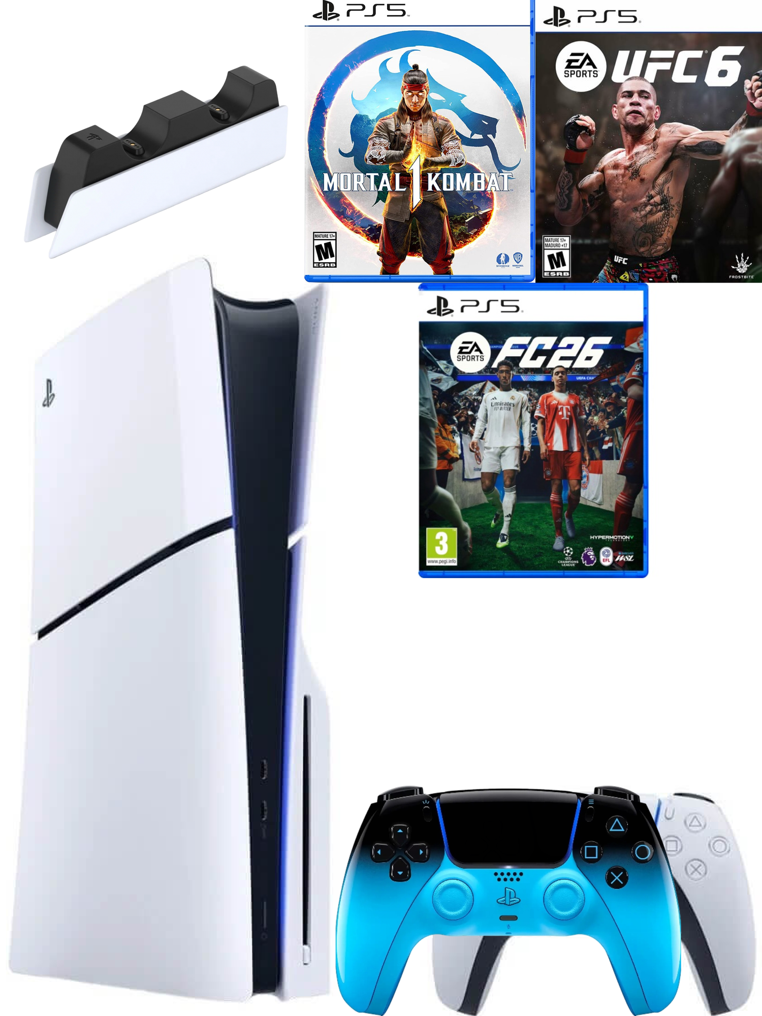 Игровая приставка Sony PlayStation 5 Slim, 1ТБ(с дисководом), 2й (rhytm blue) + UFC6, FC26, MK1 + зарядная станция