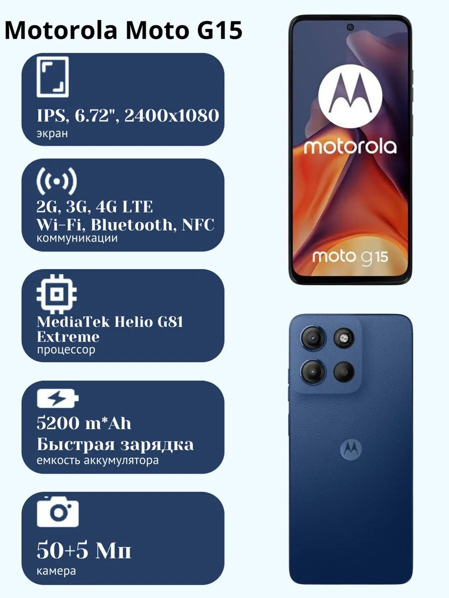 Смартфон Motorola Moto G15, 8GB/256GB, IPS, 6.72", Android 15, РСТ