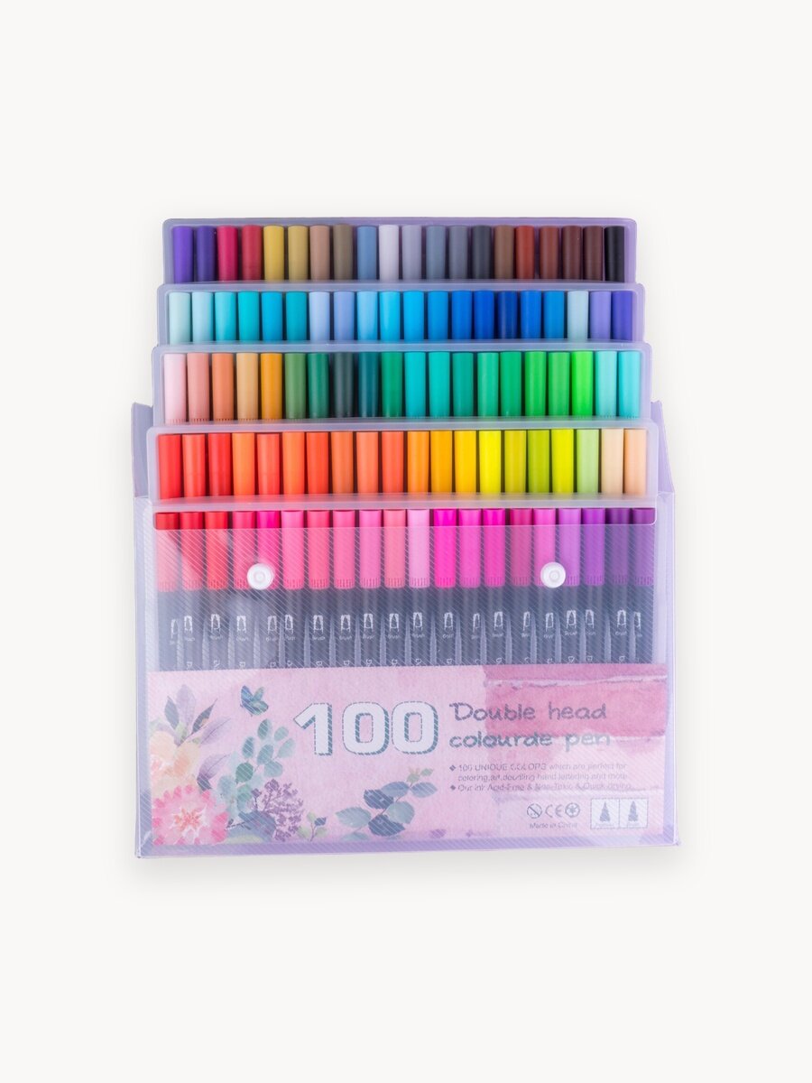 Набор акварельных фломастеров для рисования, скетчинга, маркеры двусторонние кисть и линер 100 цветов