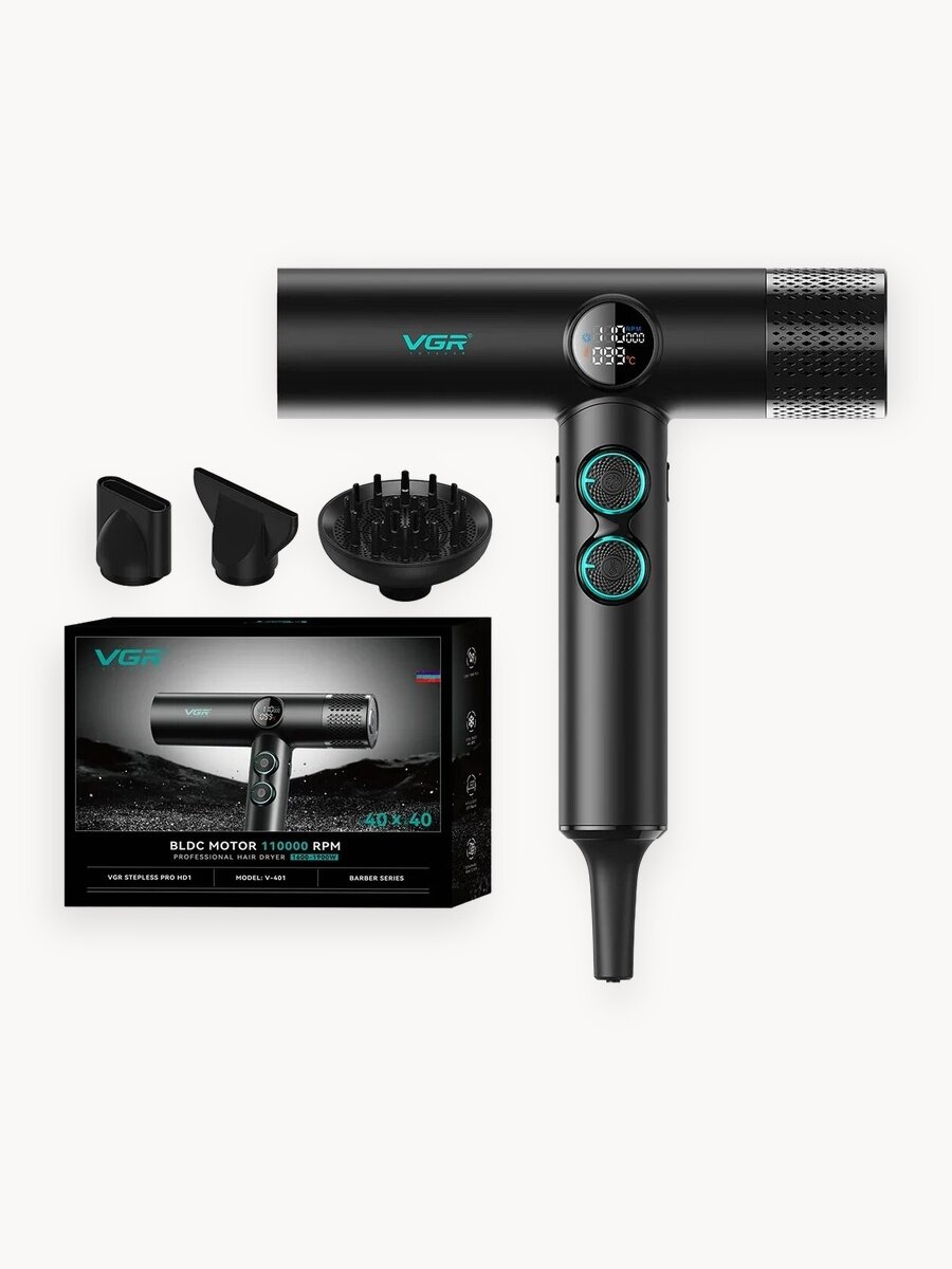 Фен VGR V-401, профессиональный, термостатический, с насадками, чёрный