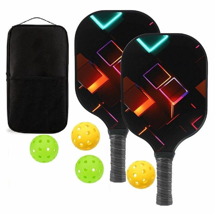 Pickleball Набор для игры в Пиклбол для мужчин, женщин и детей (2 ракетки+4 мяча) в сумочке (разноцв. геометрия)
