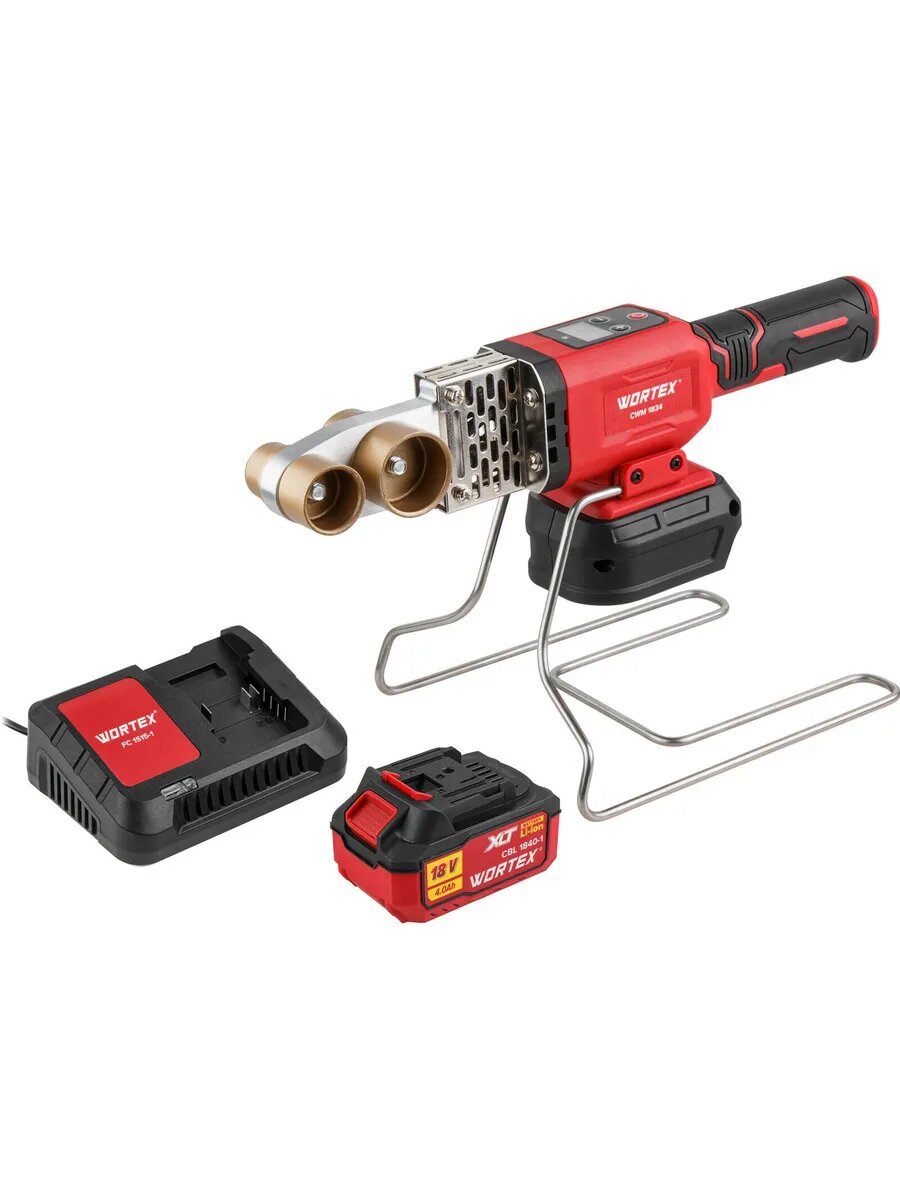 Аккумуляторный сварочный аппарат для полимерных труб WORTEX CWM 1834 ALL1 XLT SOLO + 3 насадки, С АКБ и З/У (1304777)