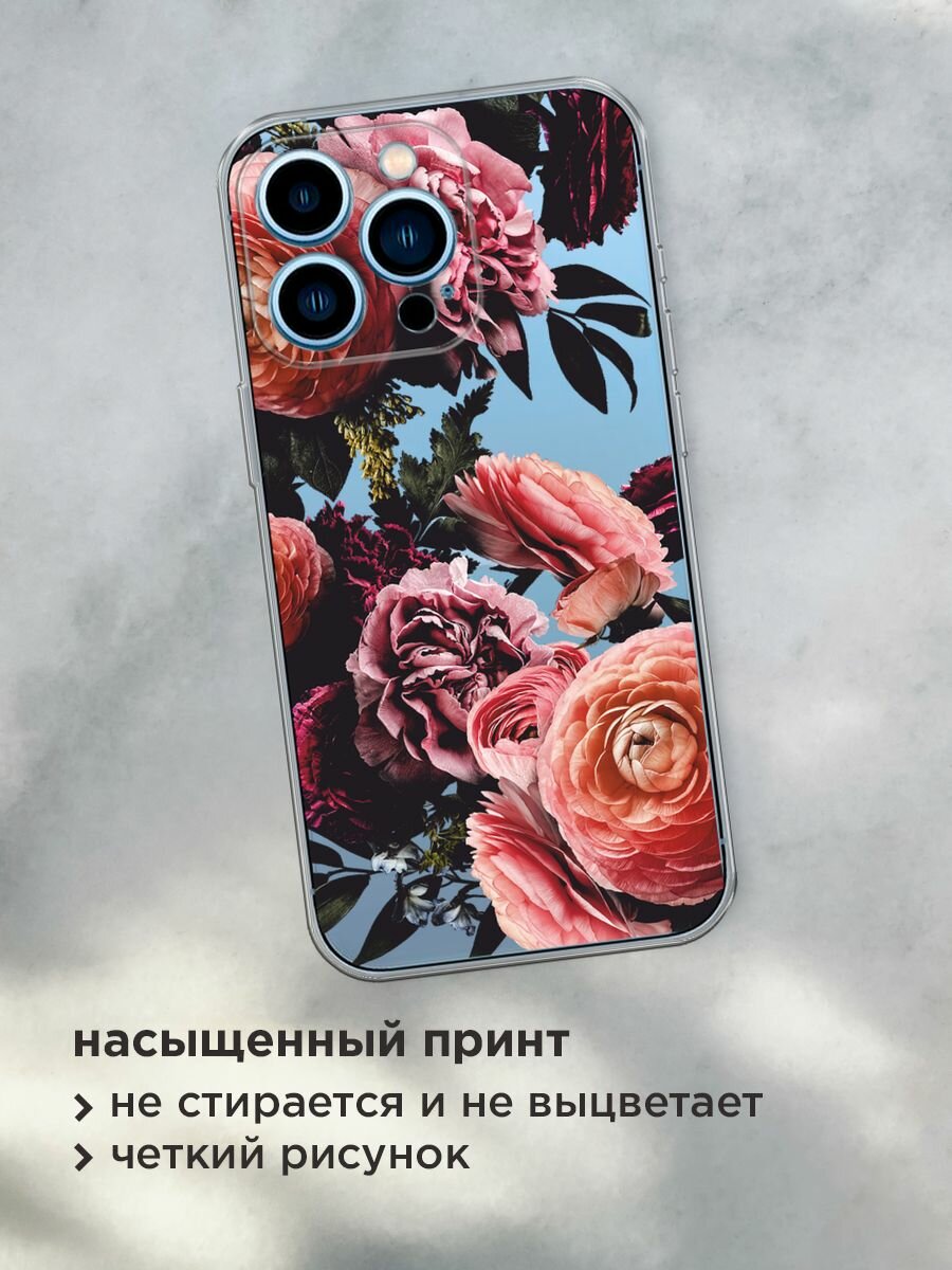Чехол на Apple iPhone 13 Pro / Айфон 13 Про с принтом "Бордовые винтажные цветы", прозрачный — фото 1