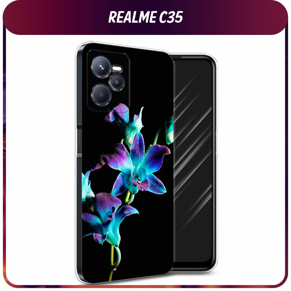 Чехол на Realme C35 / Реалми C35 с принтом "Синий цветок на черном"