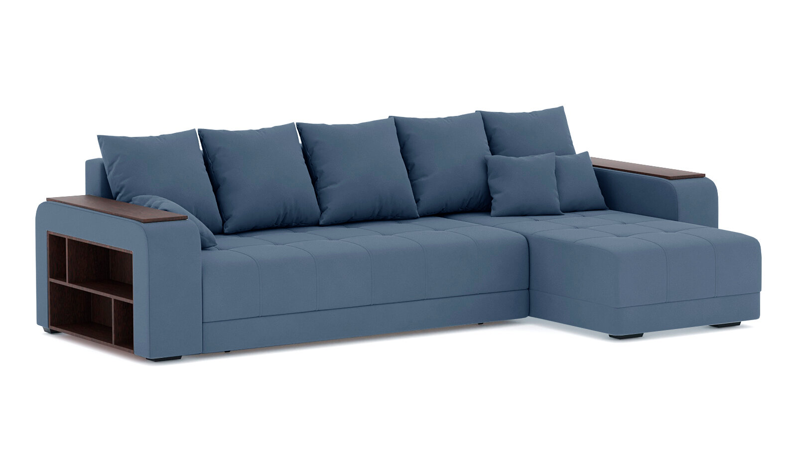 Угловой диван кровать Дубай, угол универсальный, полки в подлокотнике, велюр Мазерати Дарк Блю 23