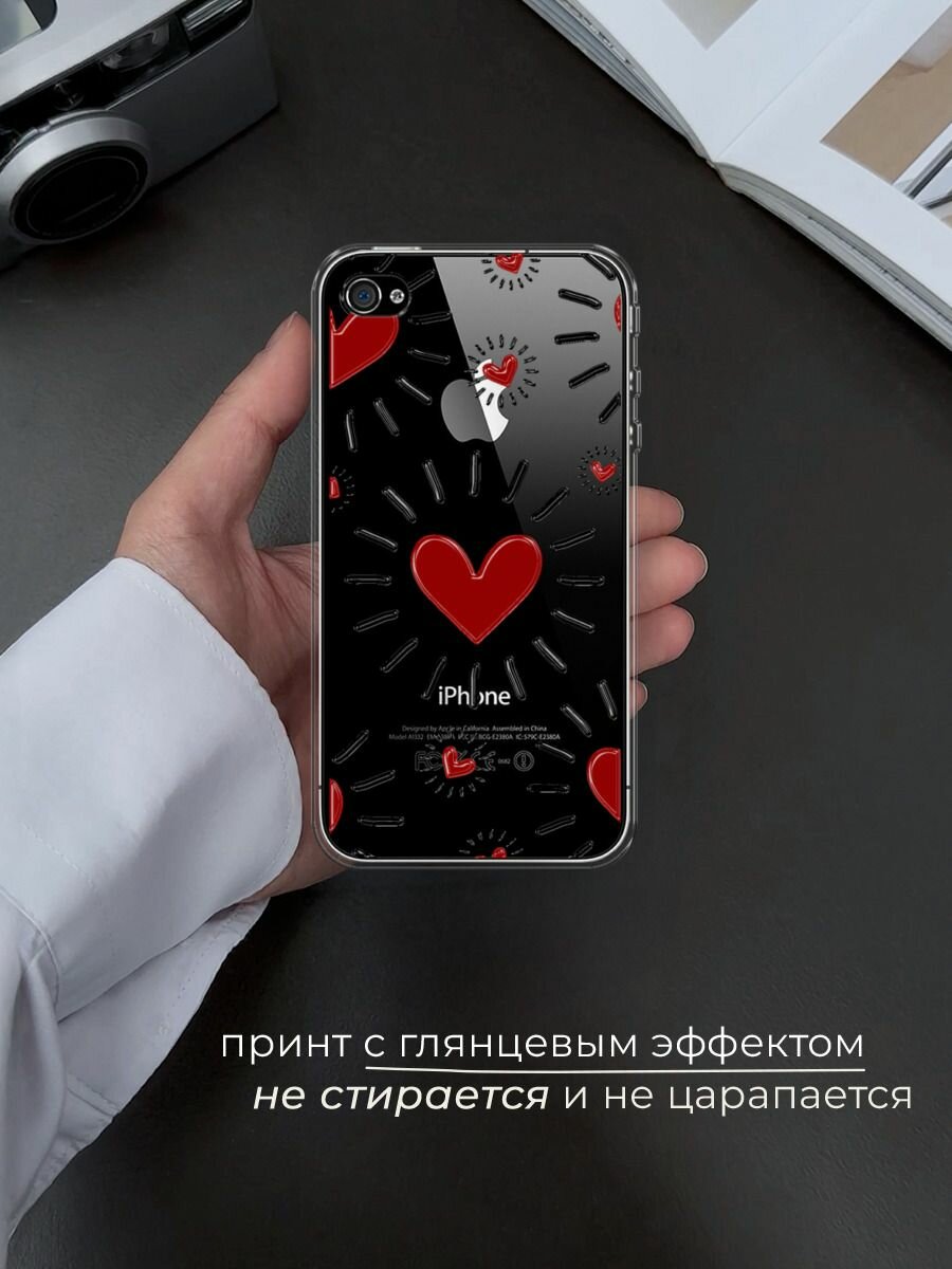 Чехол на Apple iPhone 4/4S / Айфон 4/4S с принтом "Бордовые сердца паттерн" — фото 1