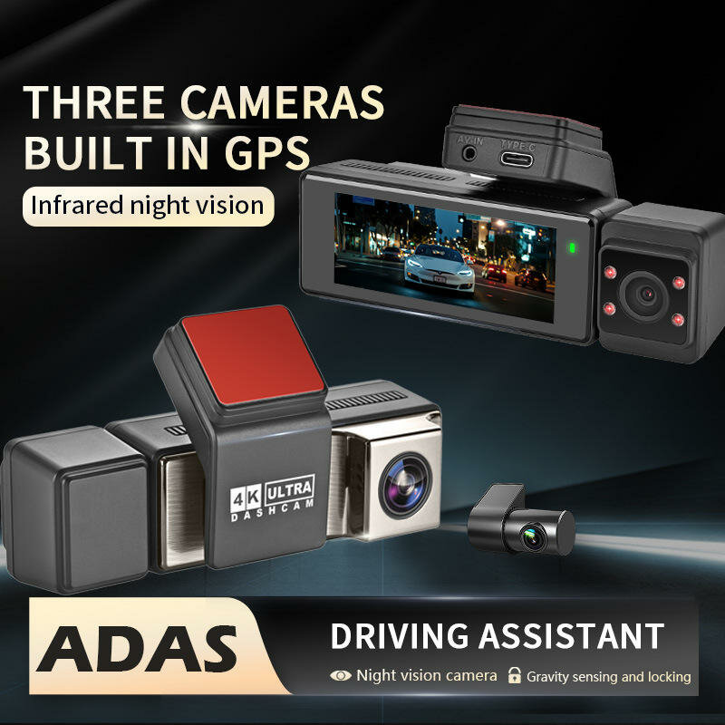 Автомобильный видеорегистратор 4K+1080P+1080P с GPS ADAS, круглосуточным парковочным монитором и двумя объективами