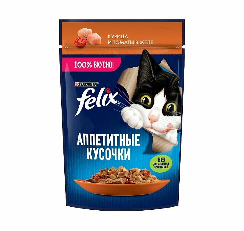 С курицей и томатами влажный корм паучи пурина феликс аппетитные кусочки для взрослых кошек (цена за упаковку) 75г х 26шт