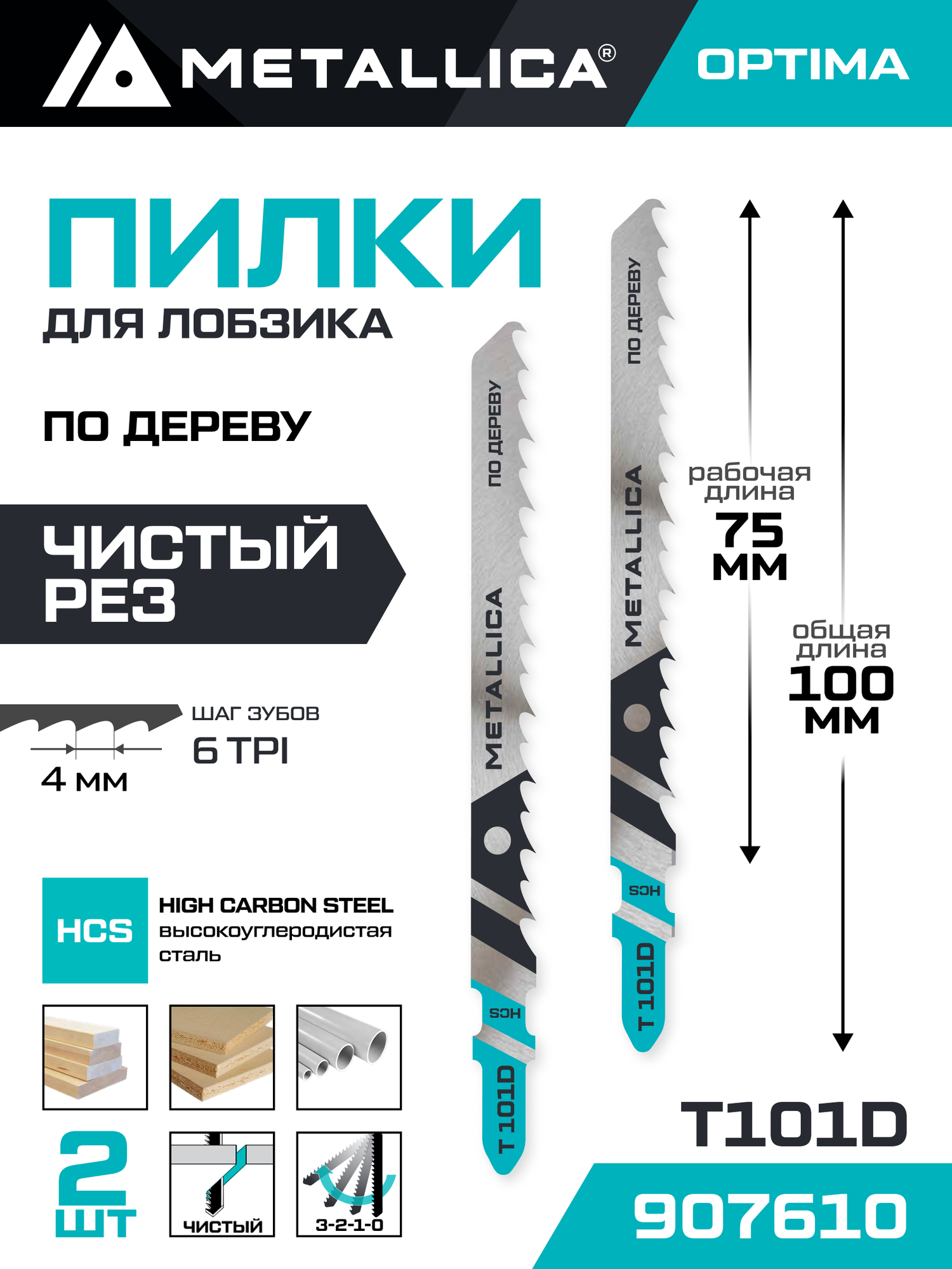 Пилки для лобзика по дереву 2шт METALLICA Optima T101D, 100/75мм шаг 4мм, HCS быстрый рез