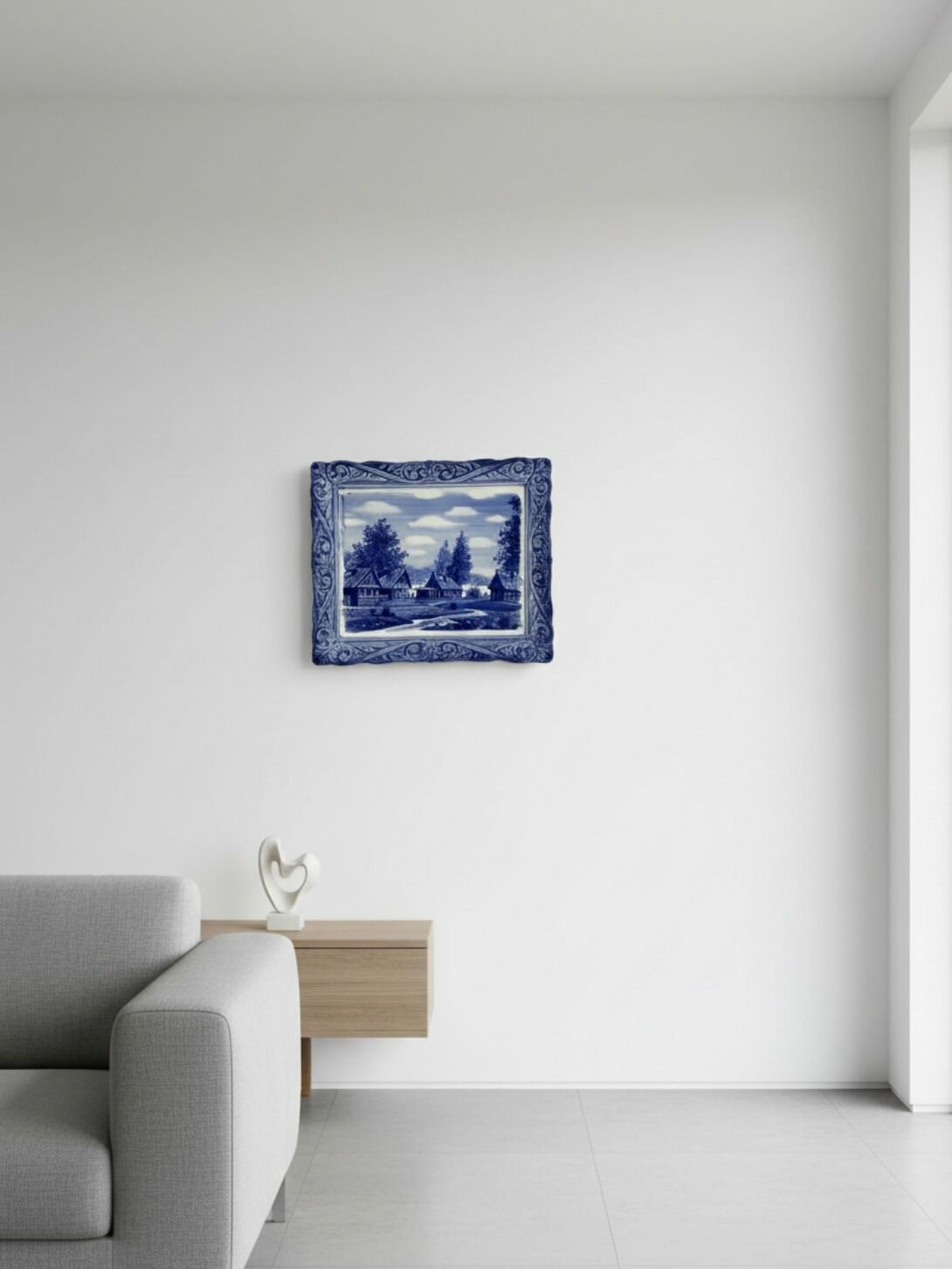 Тарелка настенная декоративная панно "Пейзаж" 26x21.5 см гжель фарфор ручная работа