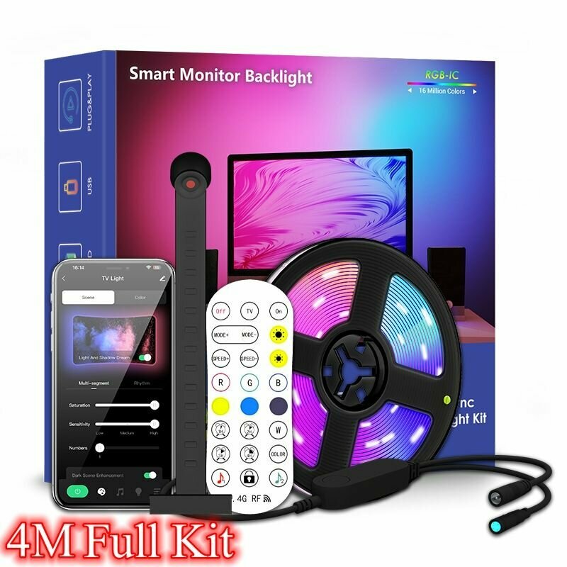 Умный TV светодиодный подсветка с AR-датчиком цветовой гаммы, Монитор для камеры 1080P с фоновой синхронизацией и отслеживанием экрана, светодиодная лента rgb,4 м подходит для телевизора 55-65 дюймов