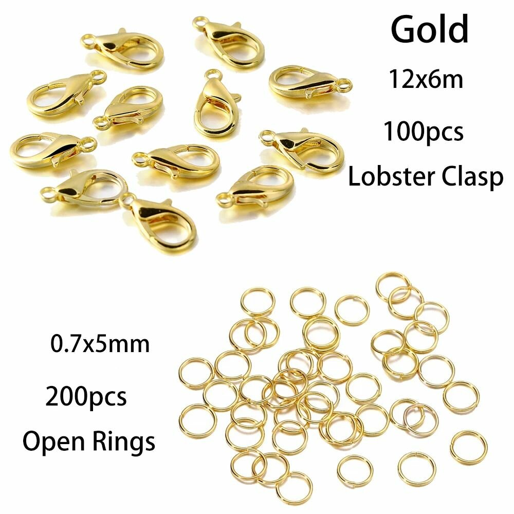 Замочки карабины для бижутерии 200 шт + 100 соединительных колец, белое серебро, металлический сплав, замки 12x6 мм и кольца 5 мм, для ожерелий, браслетов, кулонов и бус