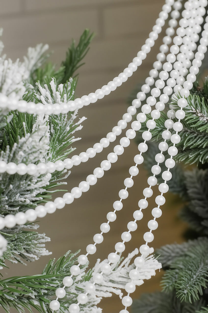 Бусы пластиковые елочный бисер, цвет: белый, 8 мм, 10 м, Winter Deco 000153