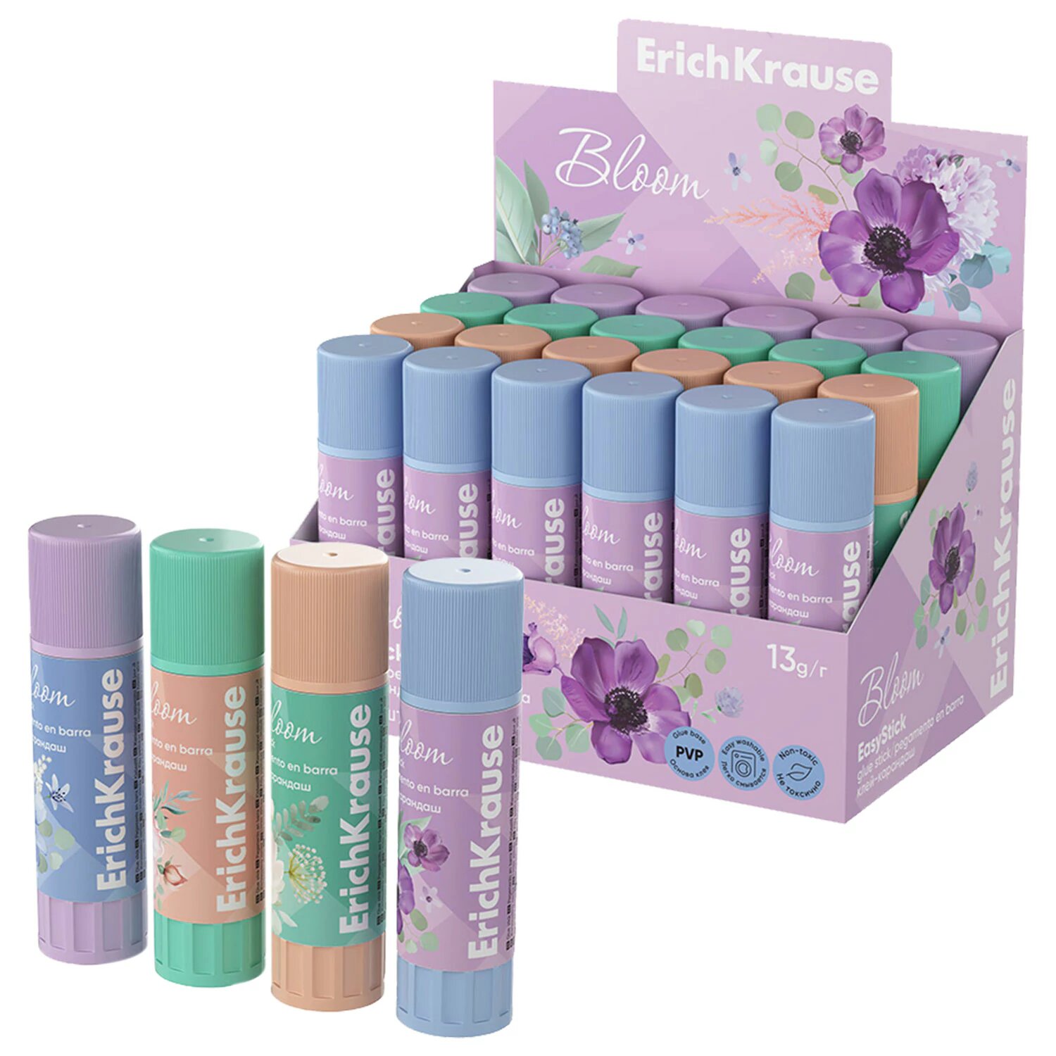 Клей-карандаш ERICH KRAUSE "EasyStick Pastel Bloom", 13 г, 60498, 6шт.