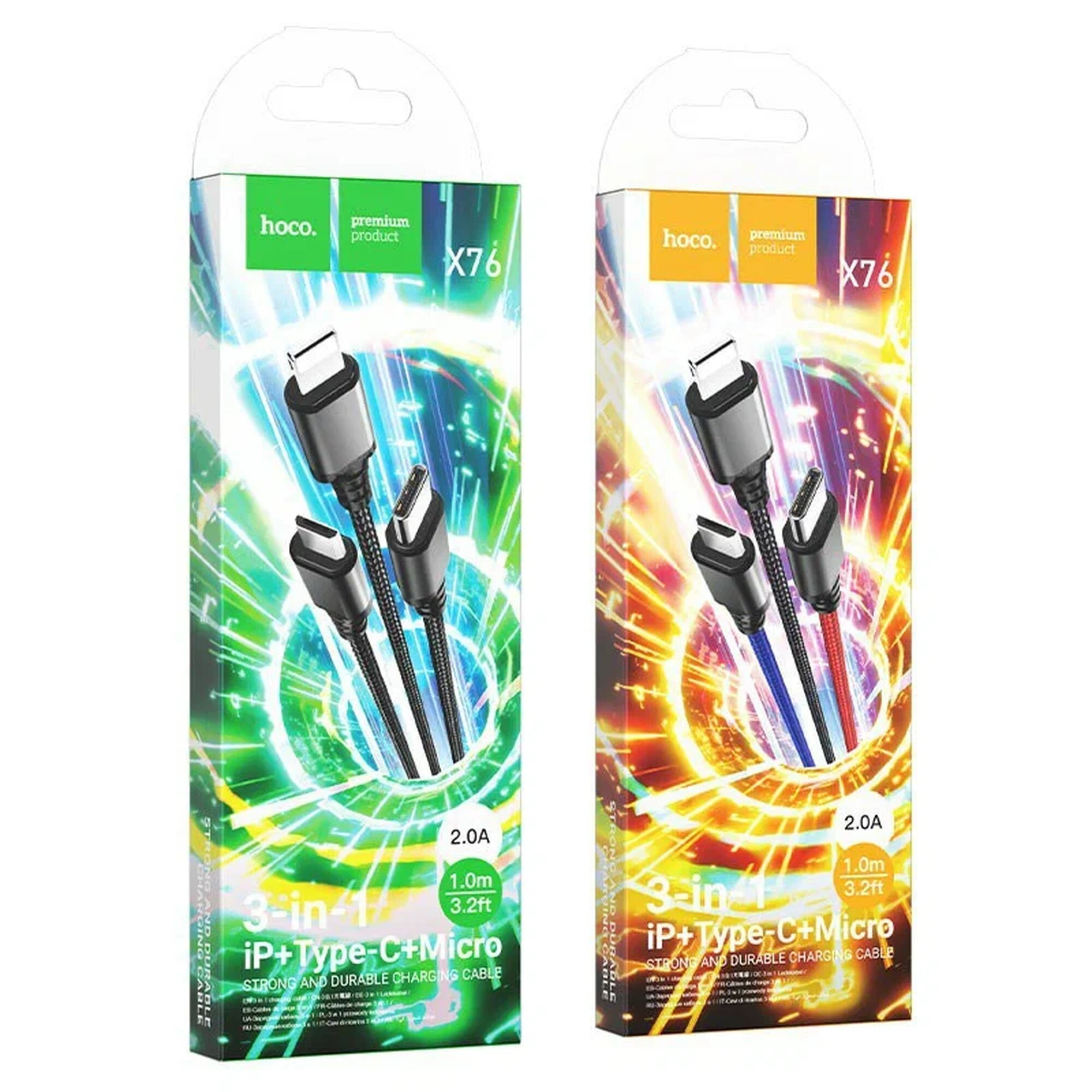 Кабель 3-в-1 “X76 Super”, зарядный кабель 3-в-1, для Lightning / Micro-USB / Type-C, 1м, ток до 2A. цветной