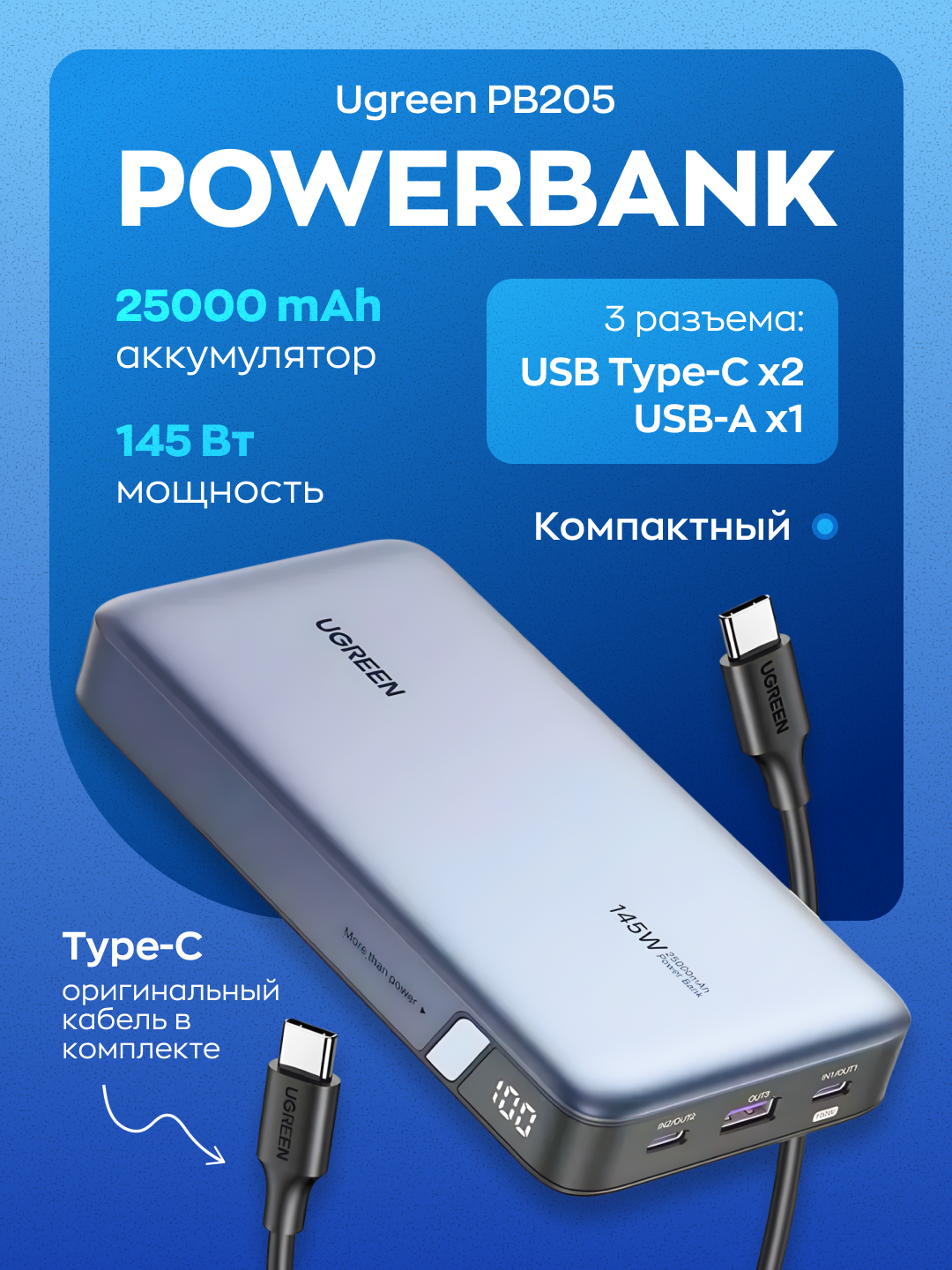 Внешний аккумулятор Ugreen PB205 25000mAh PD145W 2хType-C +1хUSB-A (90597A), тёмно-синий/ повербанк