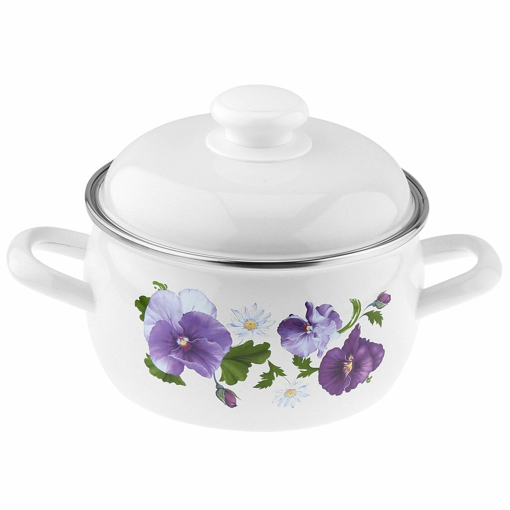 Кастрюля Лысьвенские эмали "Анютины глазки", эмалированная, 2,0 л, форма полусфера, металлическая крышка, нержавеющий ободок (С-4210АП2/4)