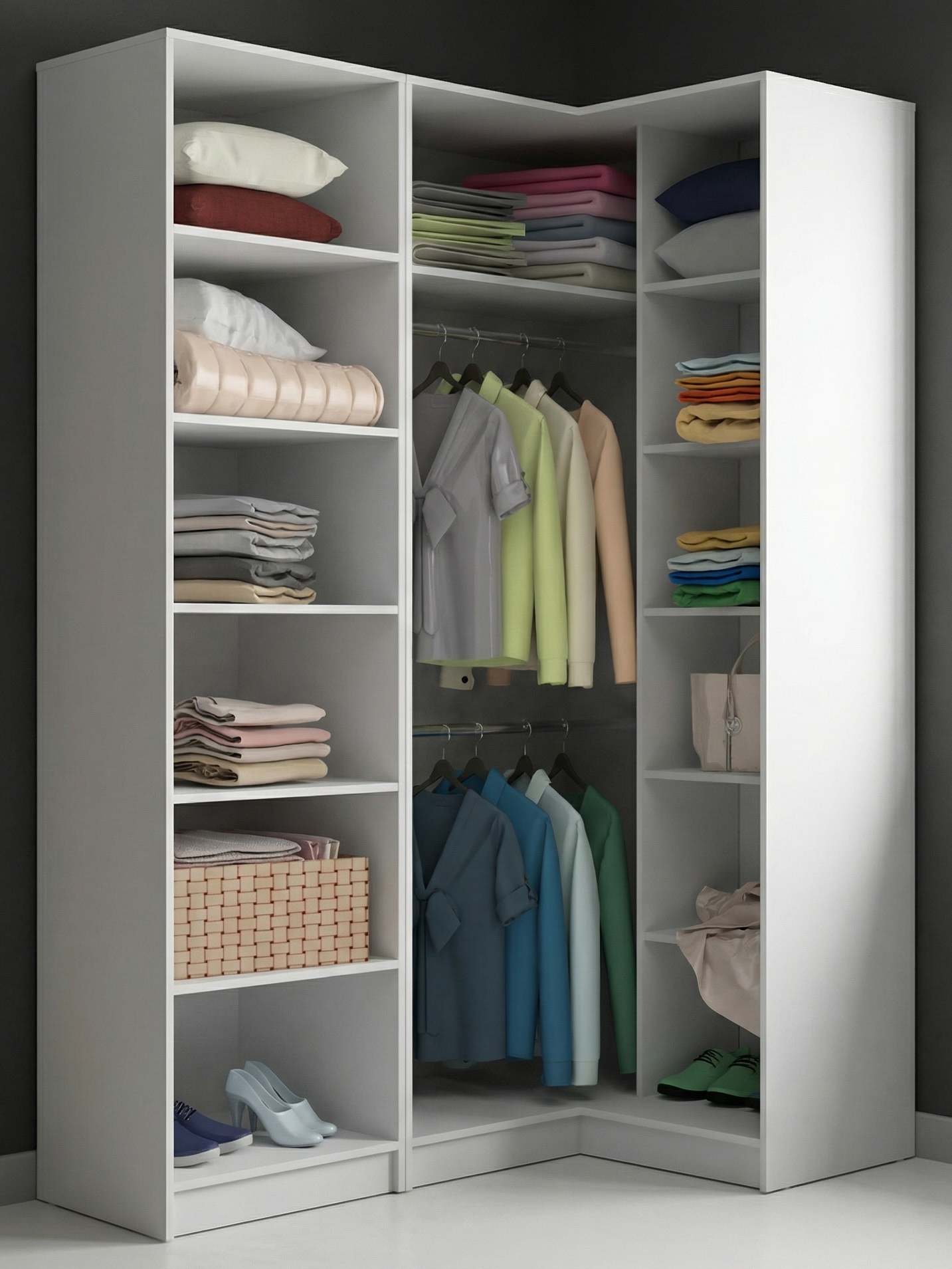 Открытый гардеробный угловой шкаф Макс-9 с 2 штангами для вешалок и 13 полками, ШхГхВ: 160х100х210 см, белый