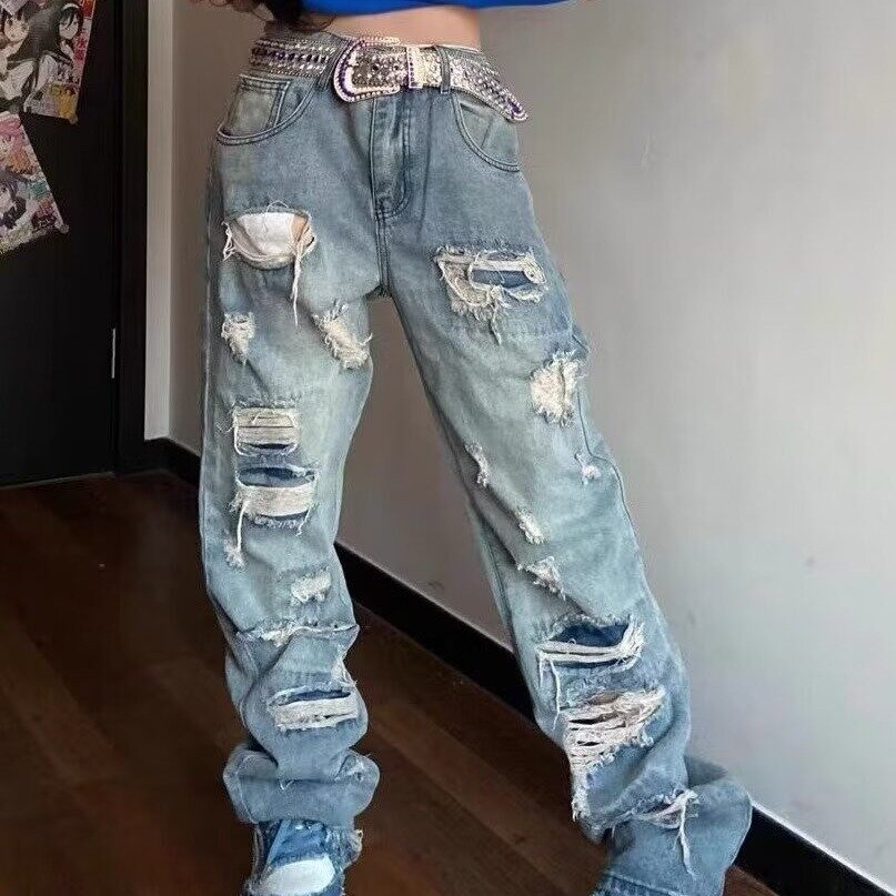 Тренд RONG CH Мужские Джинсы Колено Потертые Хип-Хоп Высокий Улица Деним, Размер_M