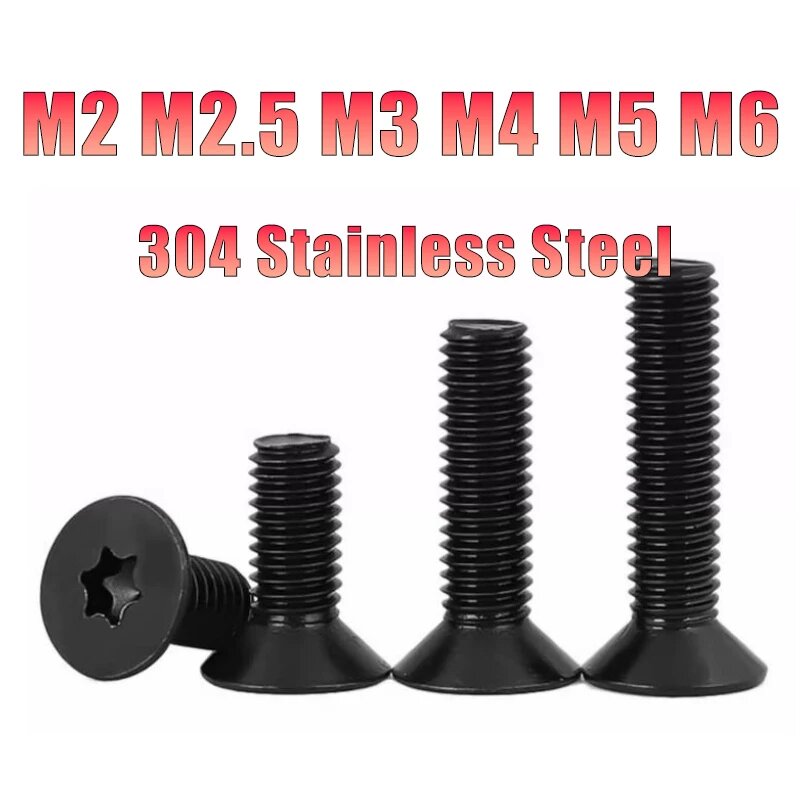 Болты Torx с потайной головкой из нержавеющей стали M2 M2.5 M3 M4 M5 M6 черные M3x20(50pcs)