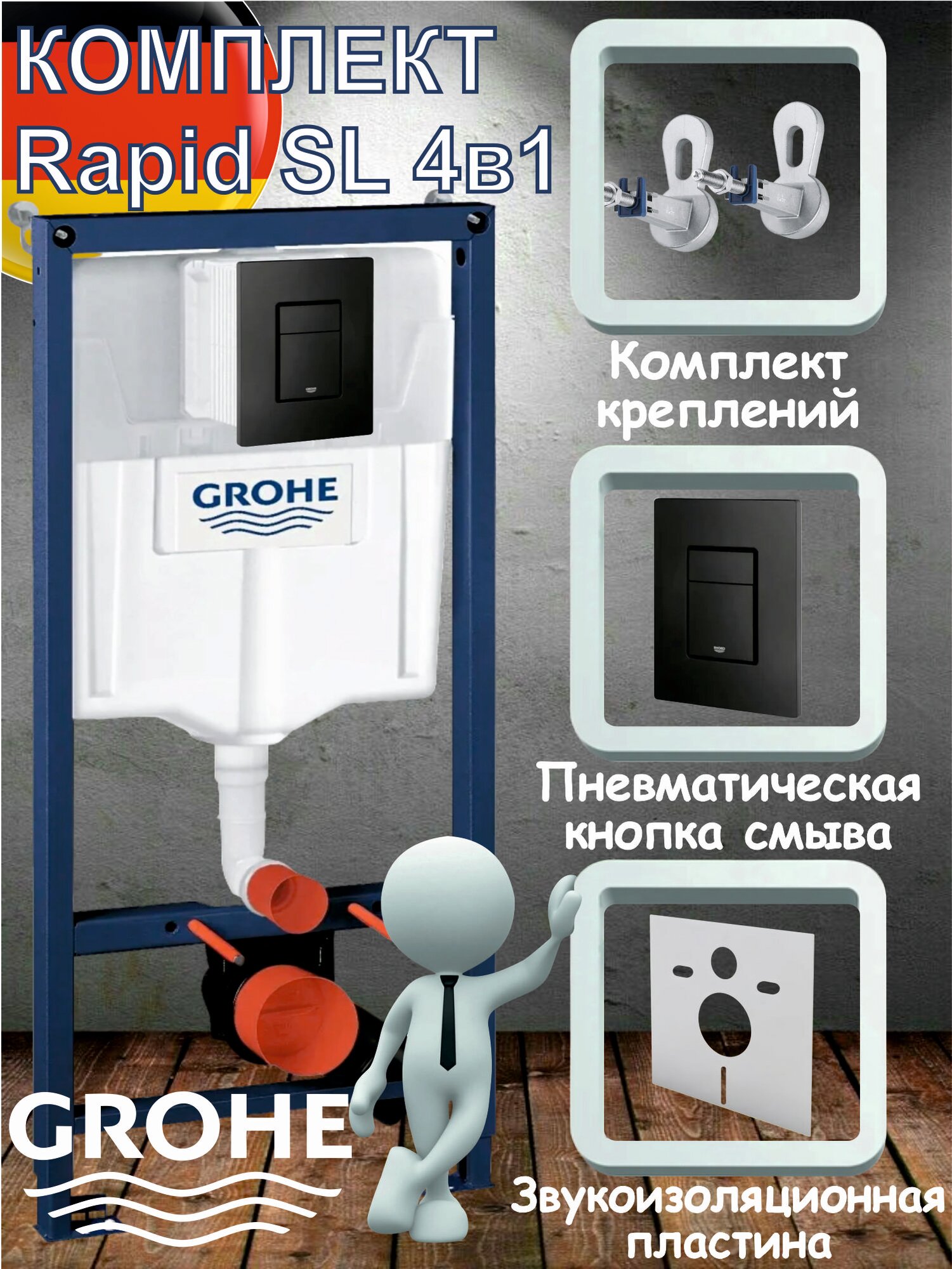 Инсталляция для унитаза GROHE Rapid SL 38772001 комплект 4в1, кнопка смыва Черный матовый
