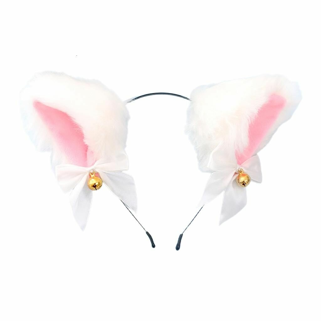 Женская аниме-повязка на голову с ушками пушистых плюшевых кошек, обруч для волос с колокольчиками-бантиками