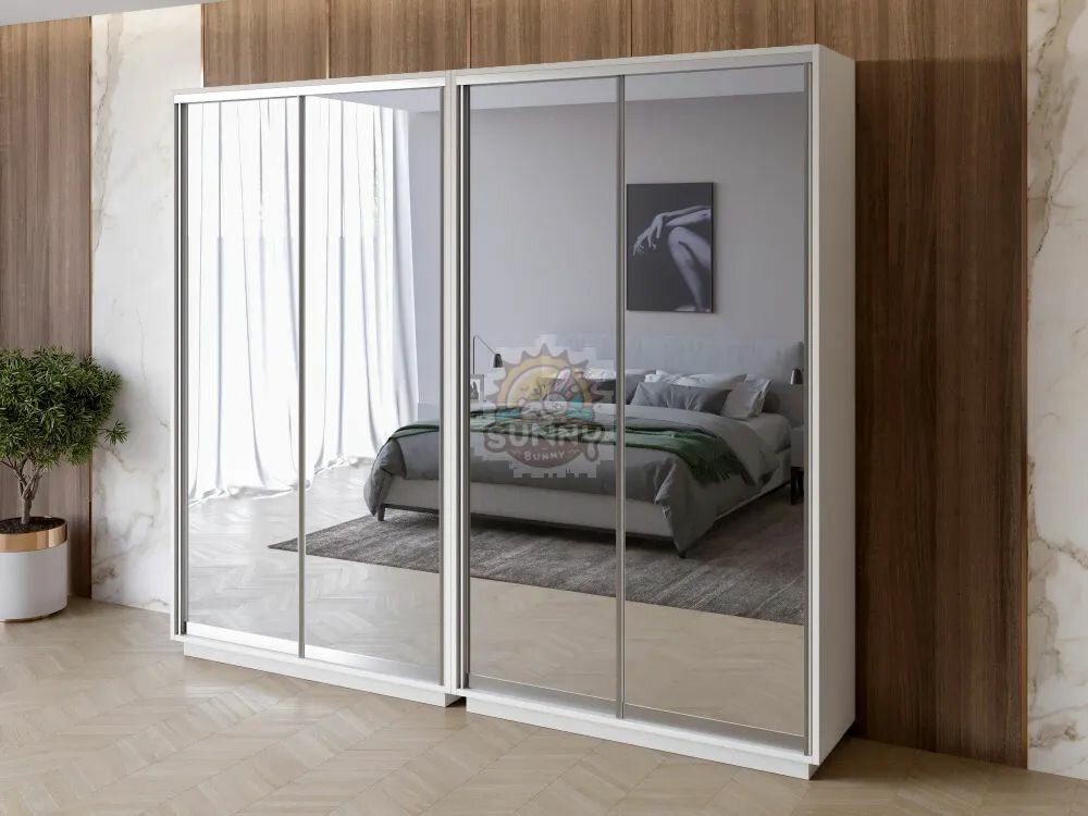 Шкаф купе Вилли 4-х дверный ЛДСП (2+2), зеркальные двери, профиль серебро 320 см х 220 см х 60 см (Белый снег)