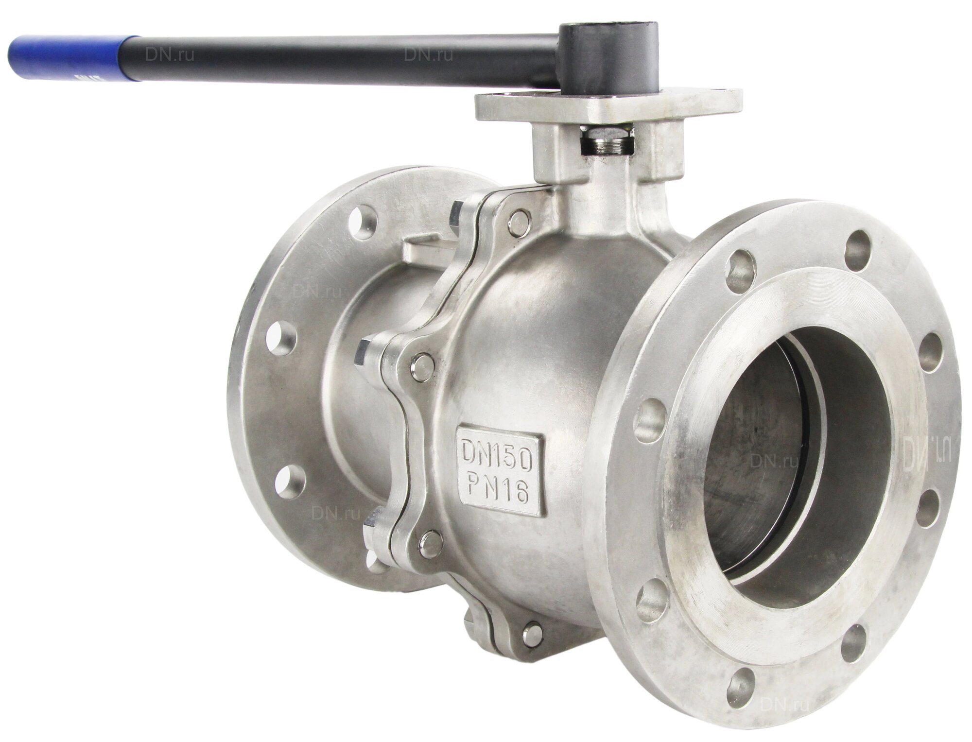 Кран шаровой DN.ru кшфп.316.200 Ду150 Ру16 полнопроходной двухходовой, нержавеющая сталь 316, фланцевый, уплотнение - PTFE, с ISO-фланцем и рукояткой, 27х27, F10/F12