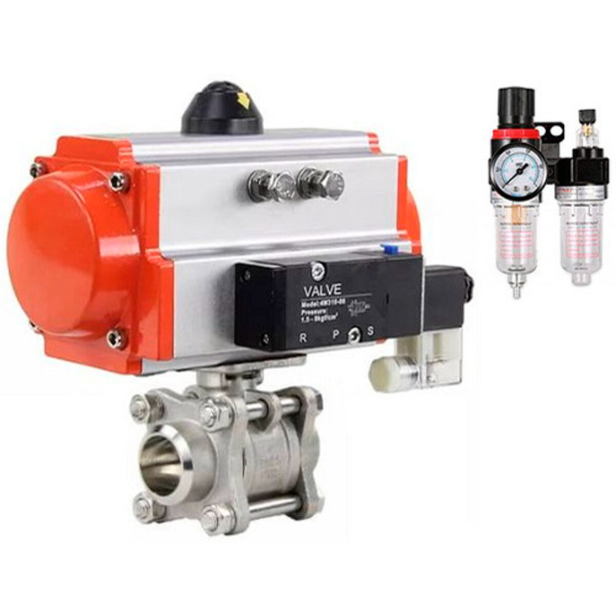 Кран шаровой DN.ru кшпп 316.200-ISO Ду32 Ру63 полнопроходной двухходовой, корпус - нержавеющая сталь SS316, под приварку, уплотнение - PTFE, с пневмоприводом DA-065, пневмораспределителем PND2-S1EM-52-1NC-J08-24VDC NAMUR и БПВ APU1-10-40-V08 (опрессовано)