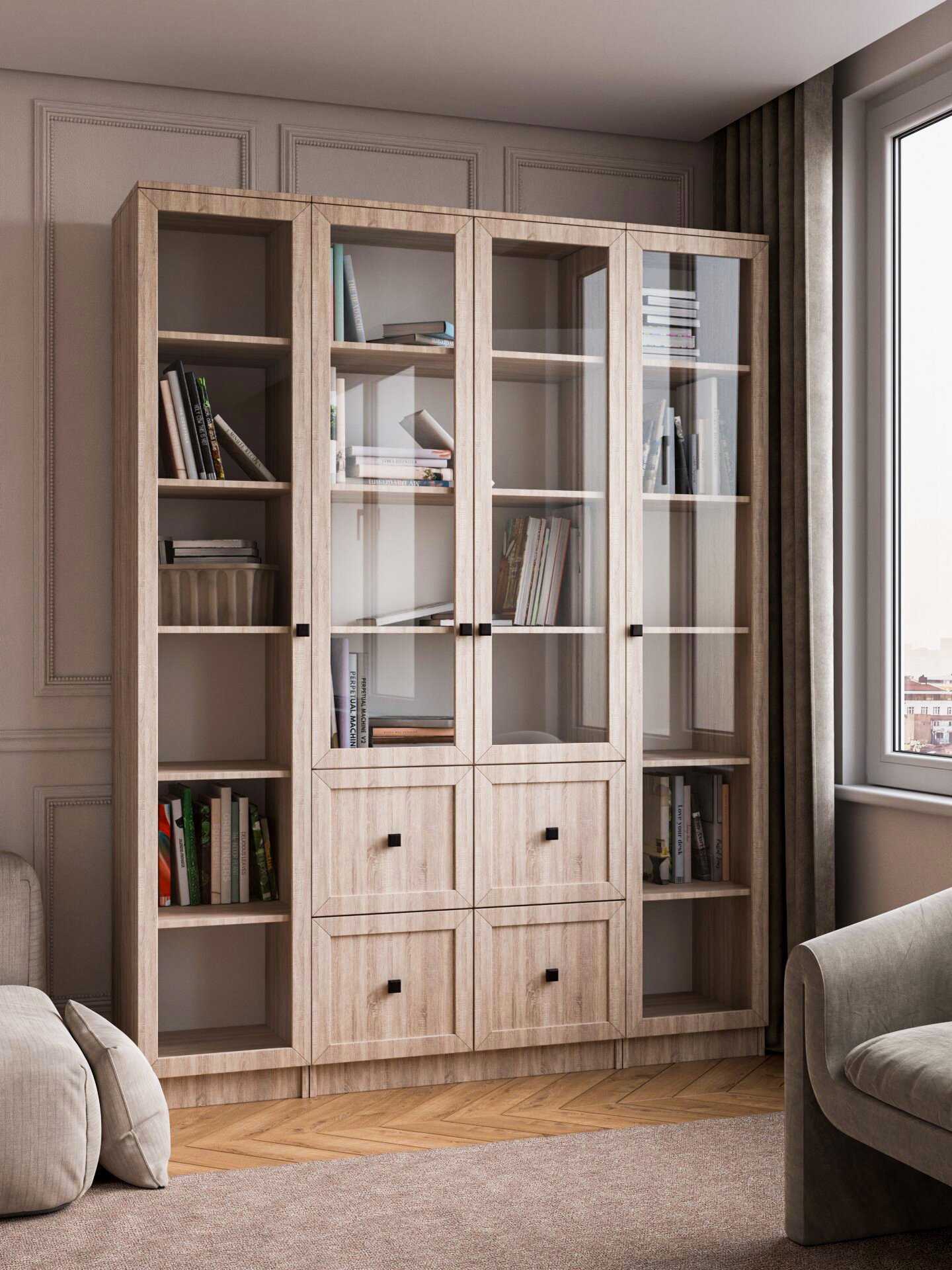 Шкаф для книг Вест 4.14, 136х38х210 см, со стеклом, шкаф для домашней библиотеки, с полками, дуб сонома