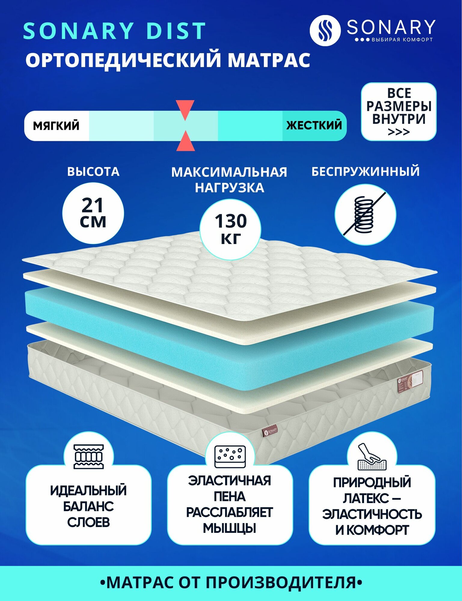 Матрас Sonary Dist 145х220 серии Foam высота 21 см анатомический средней жесткости латексный Беспружинный
