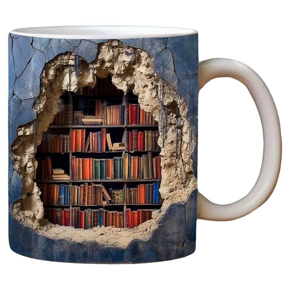 3D-кружка «Книжная полка» — керамическая кружка объемом 11 унций с винтажным дизайном в виде книги, подходит для использования в микроволновой печи и посудомоечной машине, уникальный подарок для любителей книг и читателей.