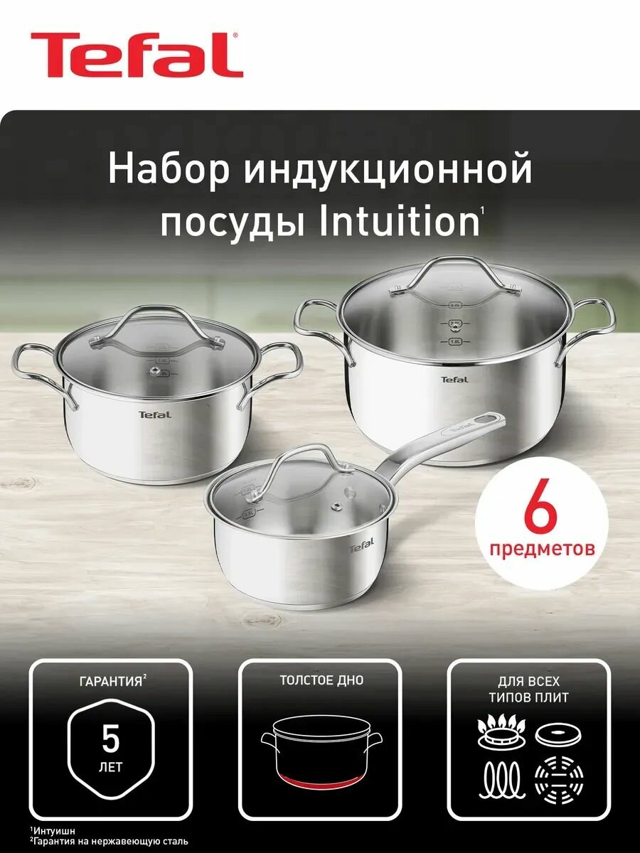 Набор посуды Tefal Intuition B864S674, 6 предметов, ковш 16 см, кастрюли 20 и 24 см, нержавеющая сталь, можно мыть в посудомоечной машине