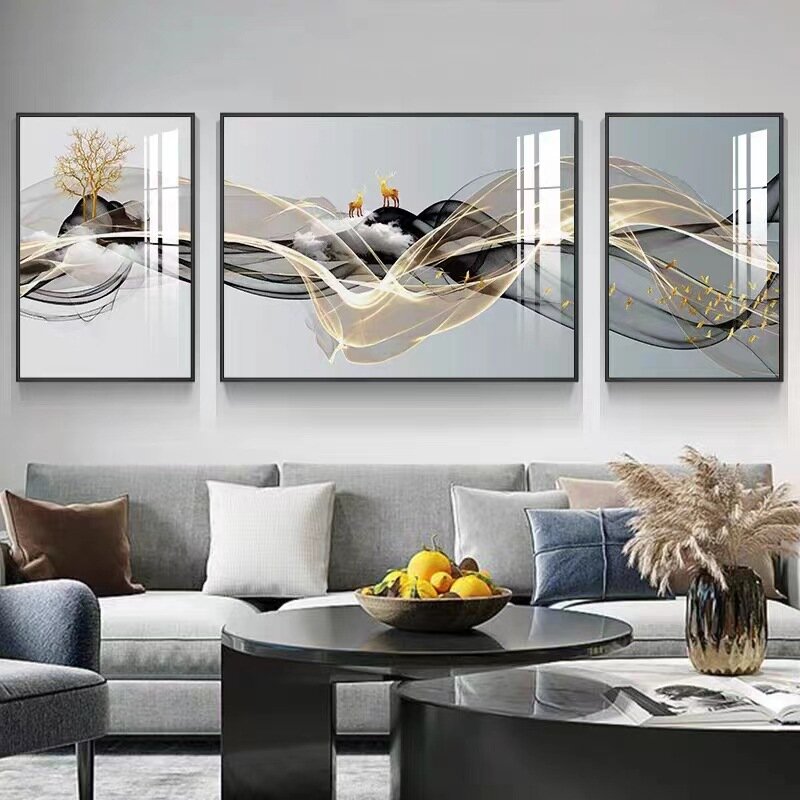 Современная минималистичная декоративная картина для гостиной, высококачественная картина для фона дивана, легкая роскошная настенная живопись, элегантный триптих, хрустальная фарфоровая живопись
