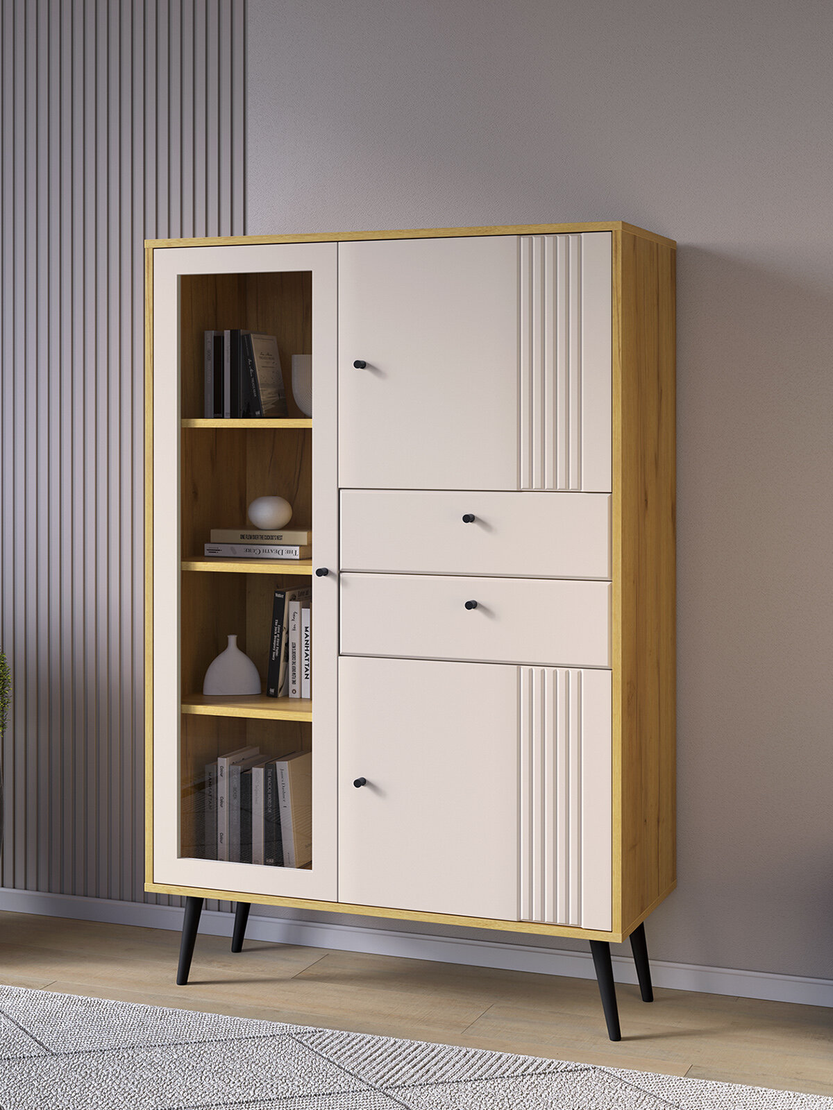 Шкаф-витрина Кураж Вега Саксония низкий 93,4х40х144 см с ящиком, миндаль