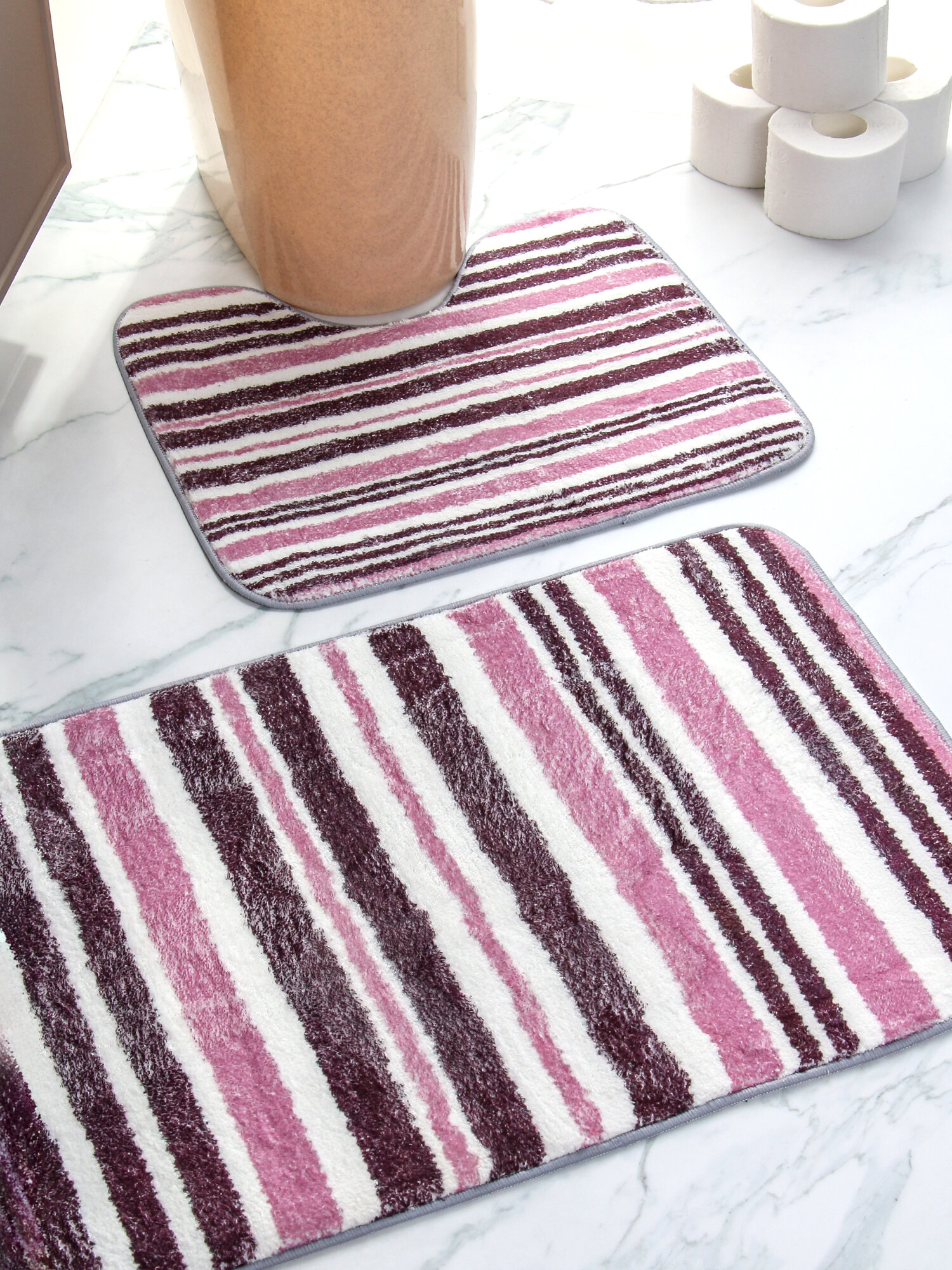 Набор ковриков для ванной и туалета из микрофибры, розовый полосатый, антискользящий, 2 шт, 50х80 и 40х50 см