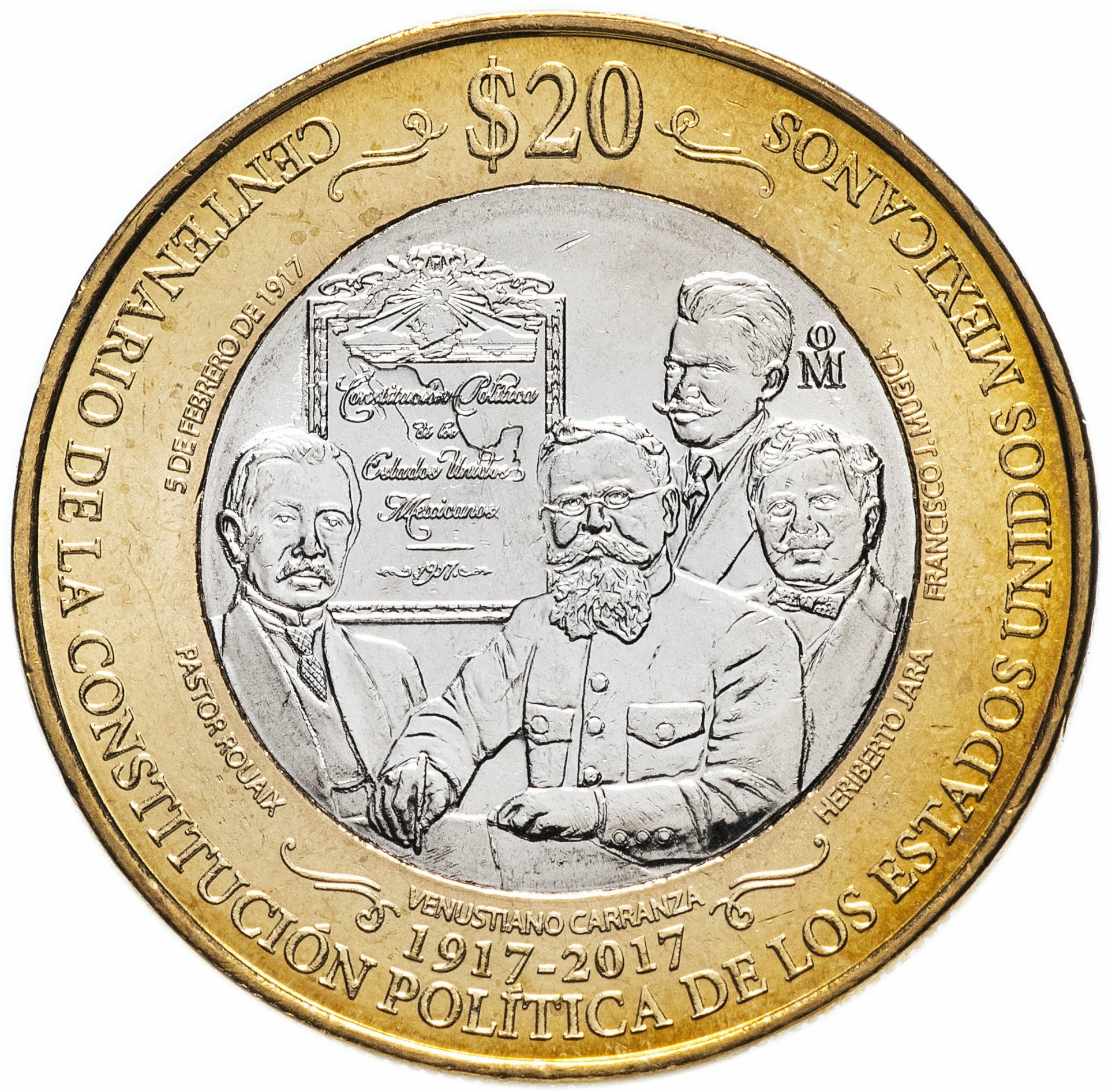 Мексика 20 песо pesos 2017 "100 летие Конституции", Биметалл, в сохранности UNC