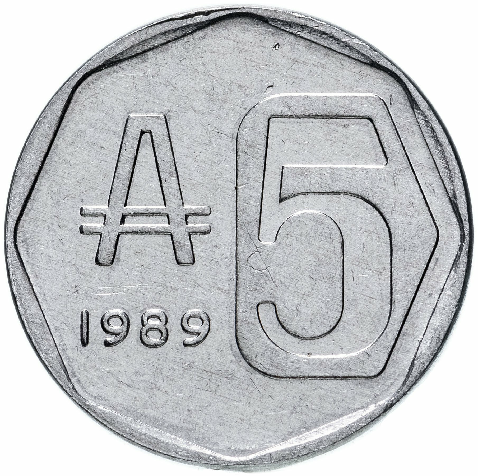 Аргентина 5 аустралей australes 1989, Алюминий, в сохранности AU-UNC