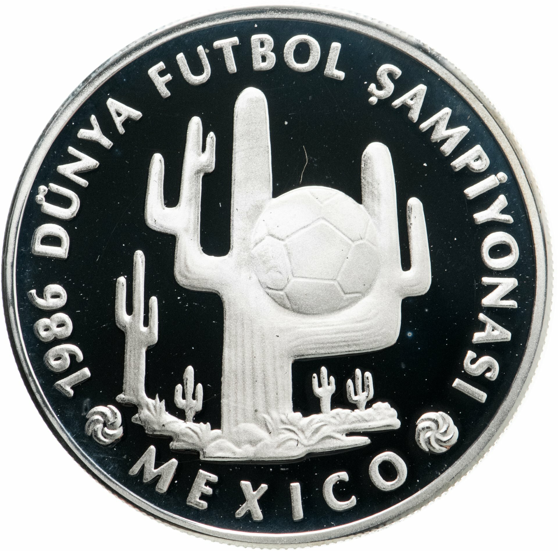 Турция 10000 лир lira 1986 "Чемпионат мира по футболу в Мексике" Кактус, Серебро 925, в сохранности Proof